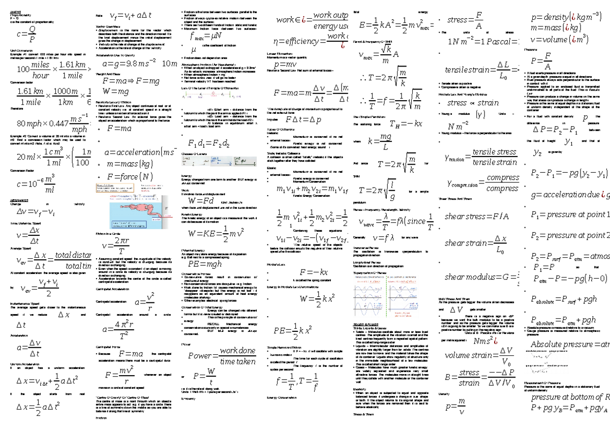 PHSI191 Personal Cheat Cheet 2020 - MATHS Proportionality P ∝ Q c is the constant of ...