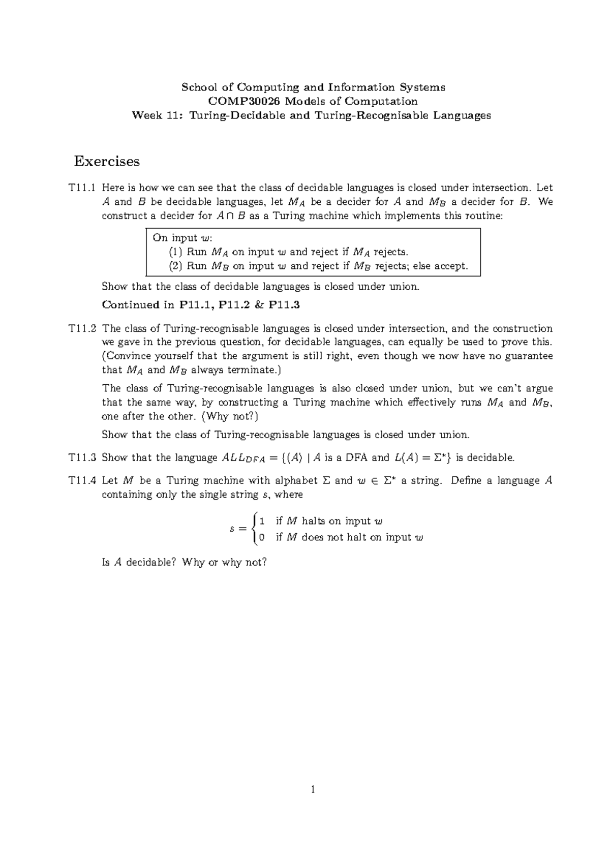 Tutorial 11 - tute questions - School of Computing and Information Systems COMP30026 Models of ...