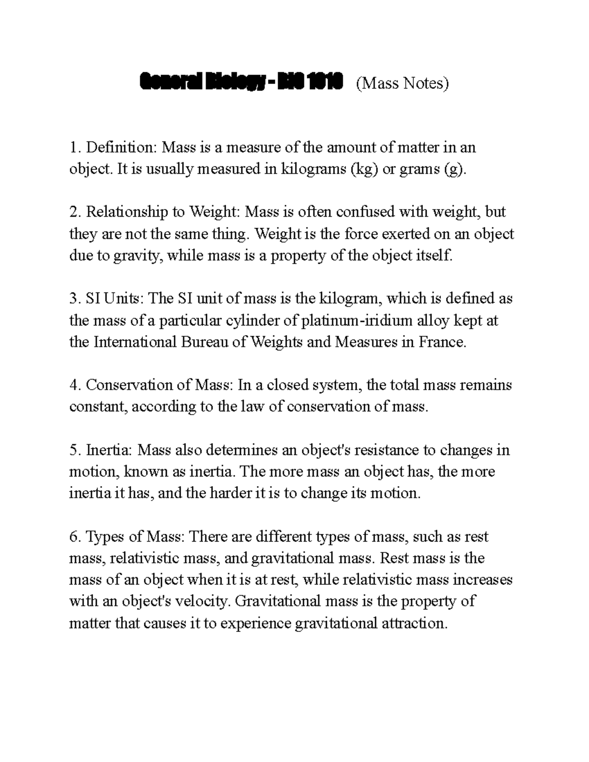 BIO - Mass Notes - mass - General Biology - BIO 1010 (Mass Notes ...
