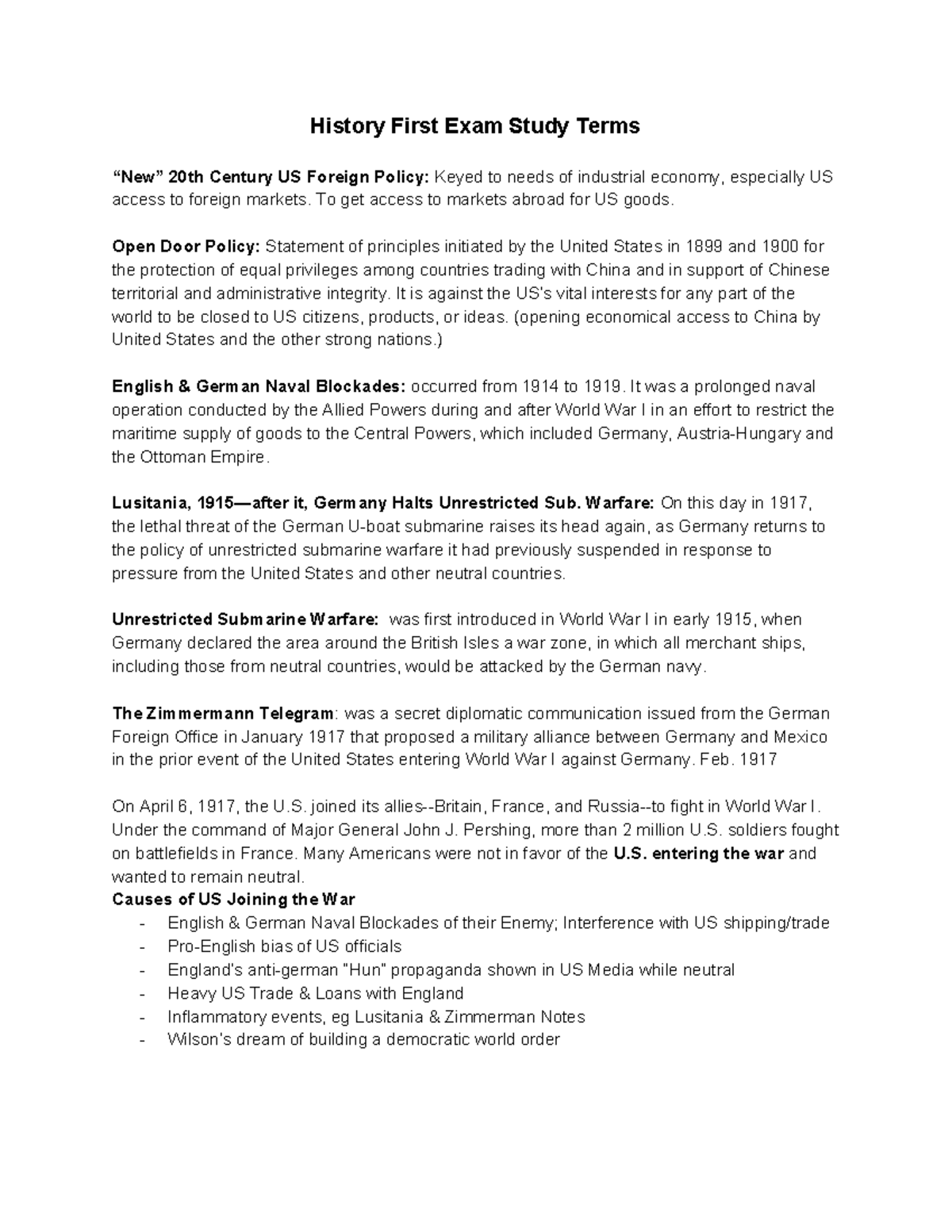 History17C Study Terms - History First Exam Study Terms 20th Century US ...