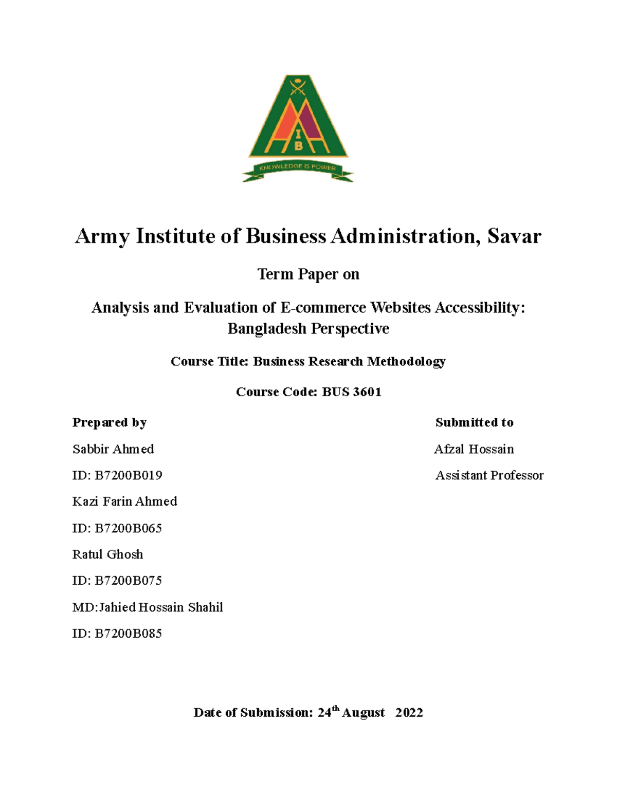 BRM term paper - Army Institute of Business Administration, Savar Term ...