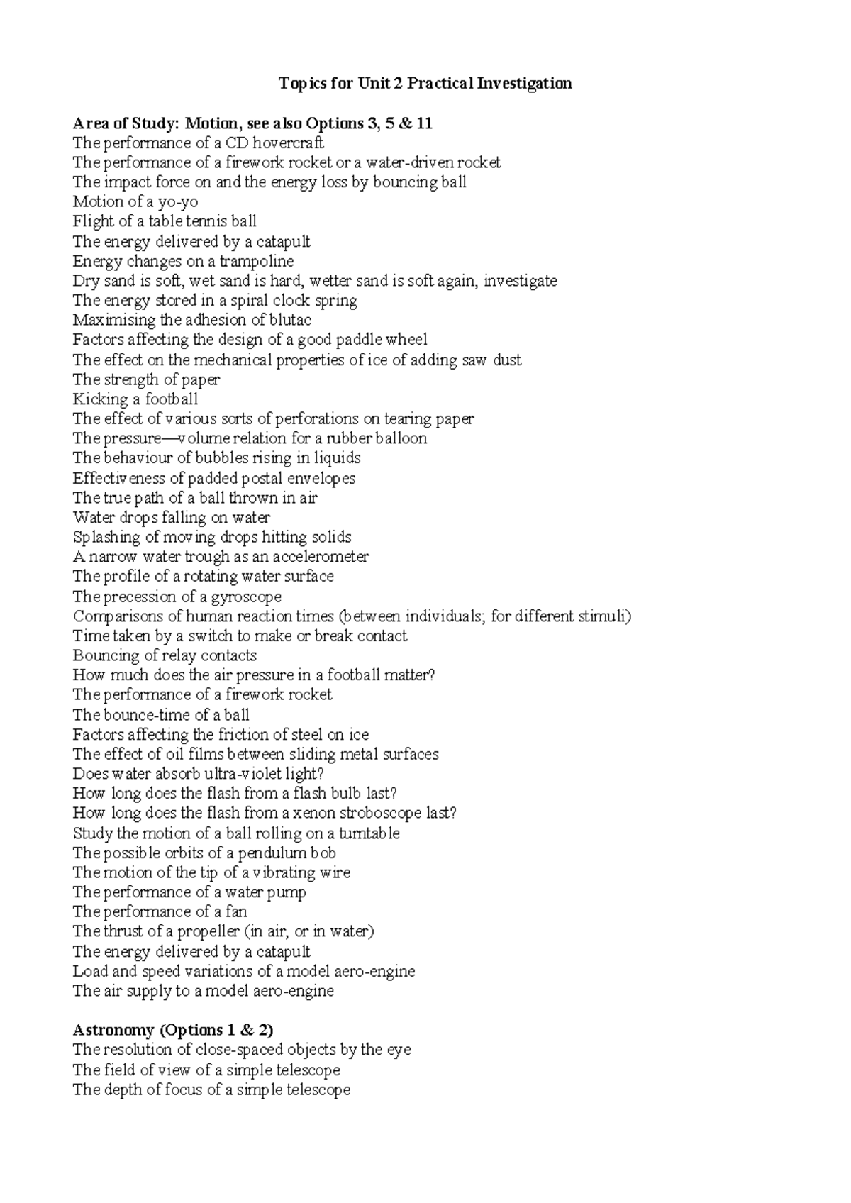 List of topics for investigation from Nuffield - Topics for Unit 2 ...