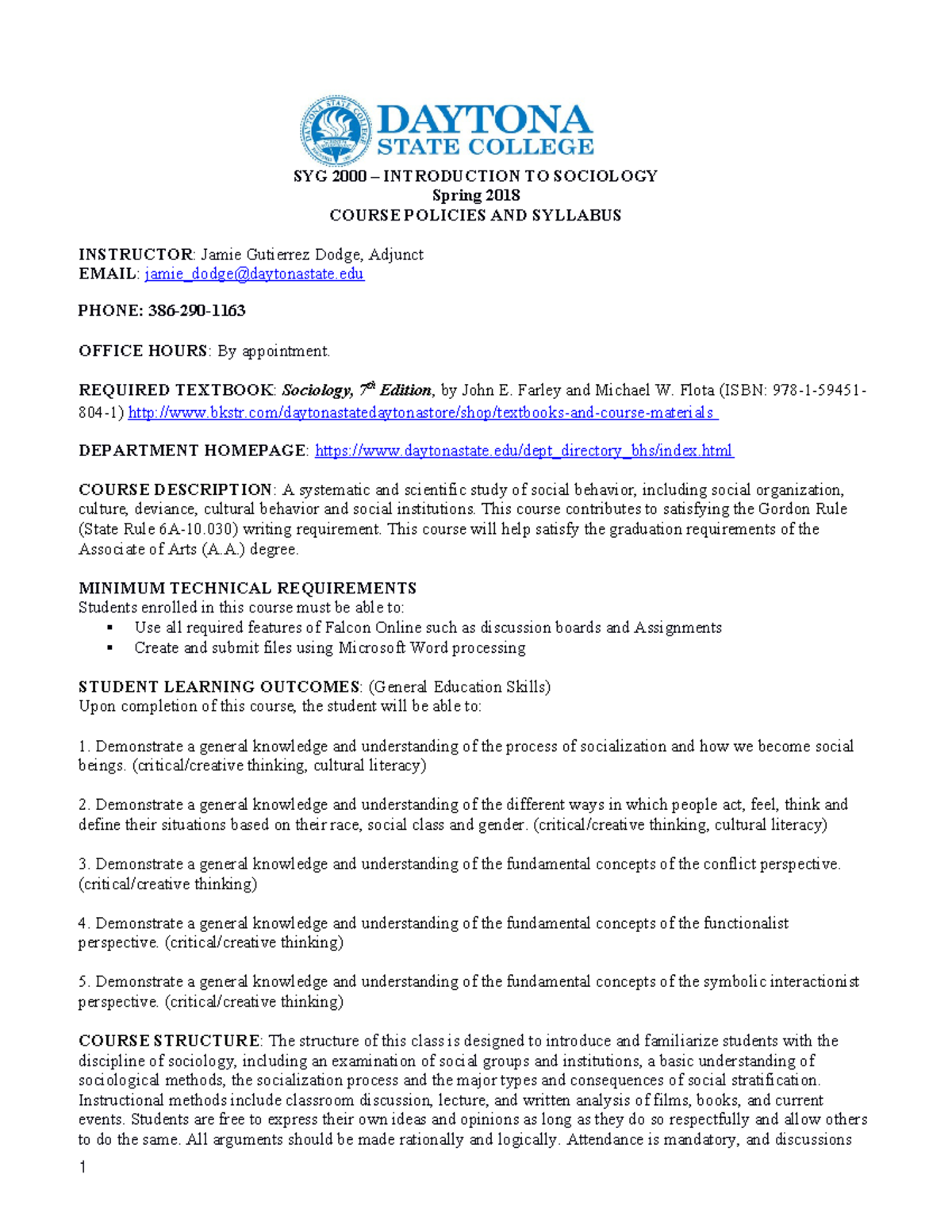 Introto Sociology Syllabus - SYG INTRODUCTION TO SOCIOLOGY Spring 2018 ...