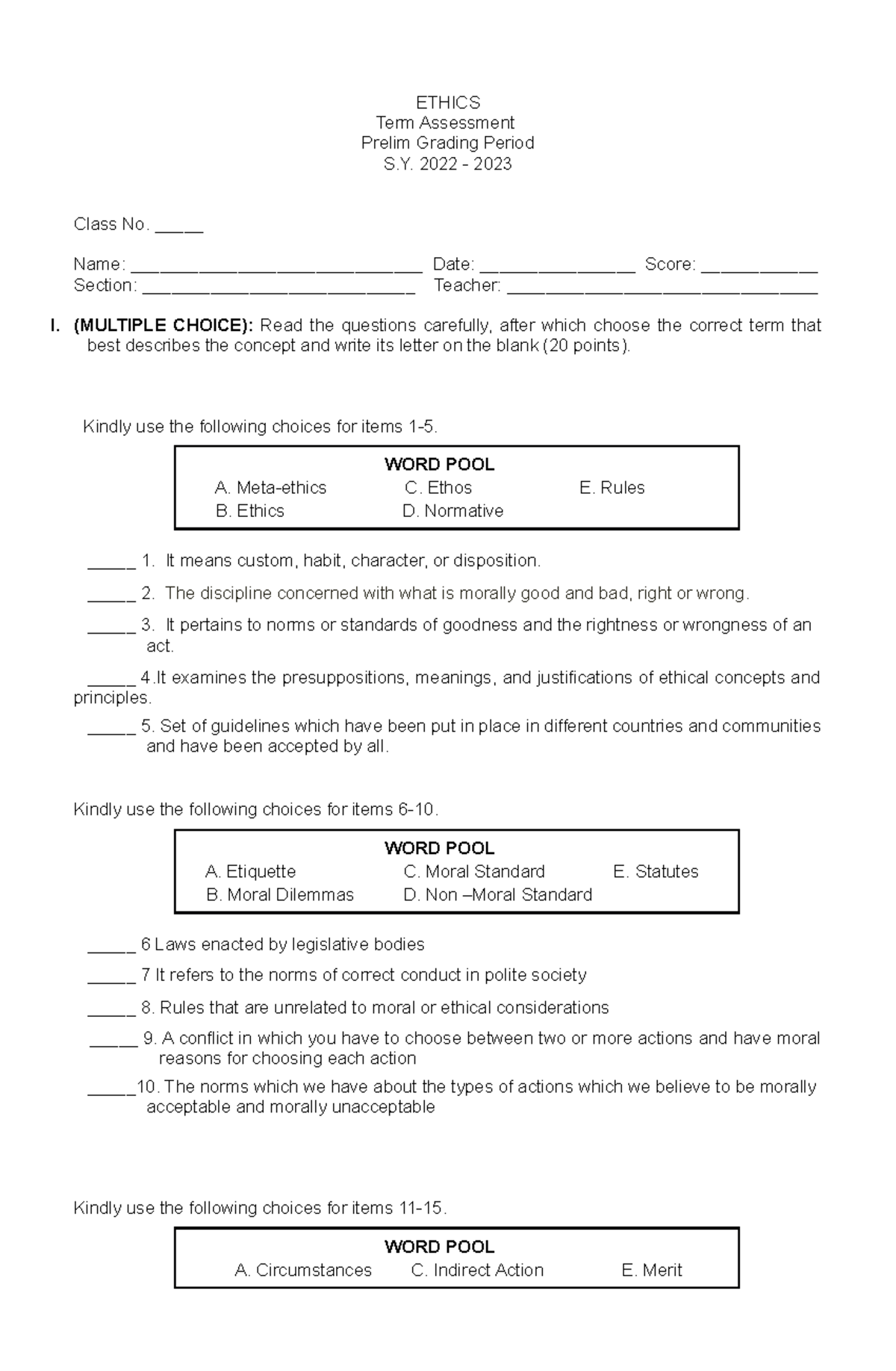 Ethics EXAM - hello - ETHICS Term Assessment Prelim Grading Period S ...