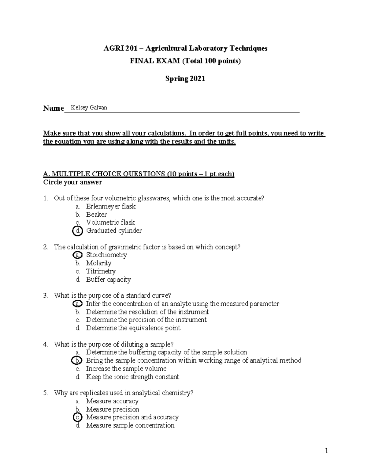 Agri 201 Final exam review - AGRI 201 – Agricultural Laboratory ...