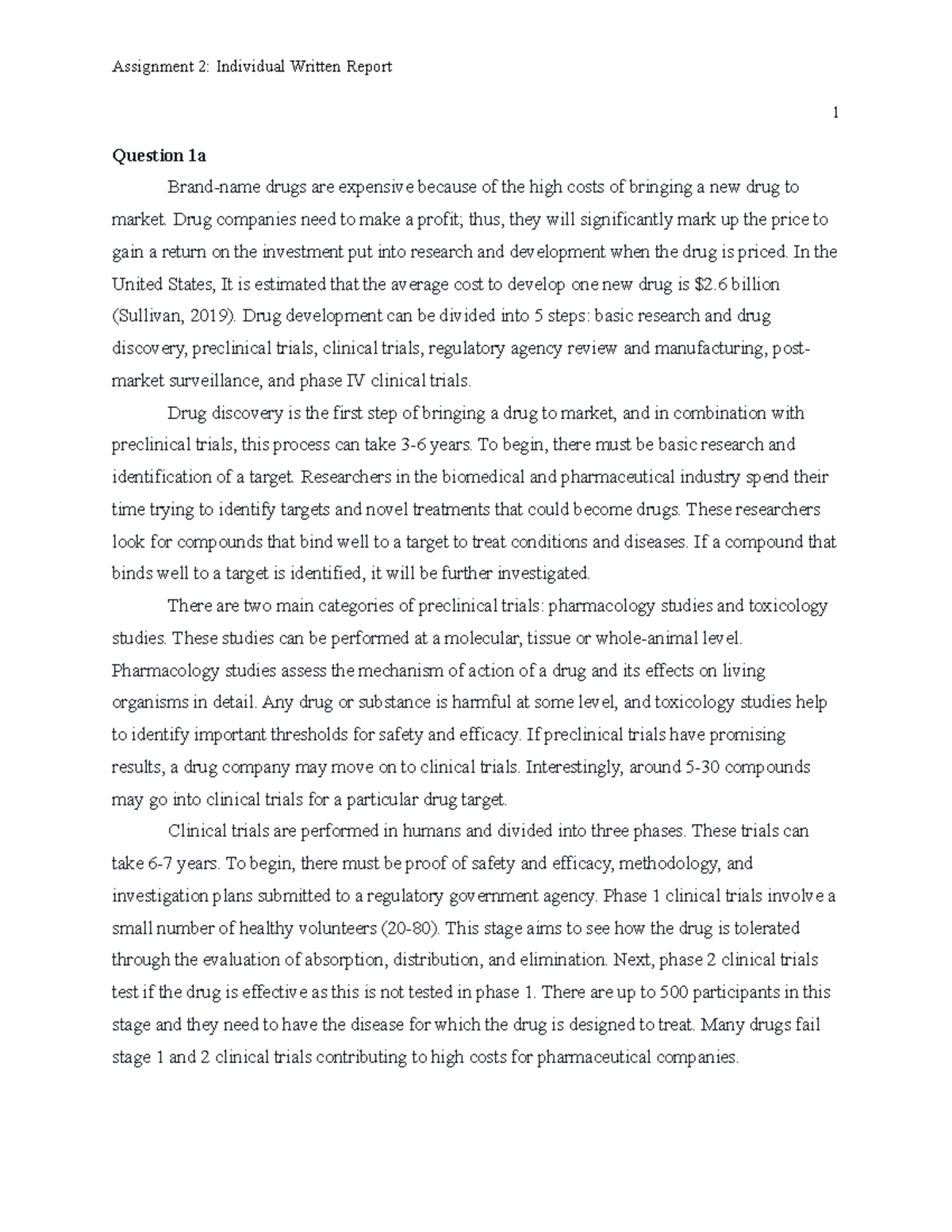 PHAR100Assg2 - Written pharmacology report grade A+ - 1 Question 1a ...