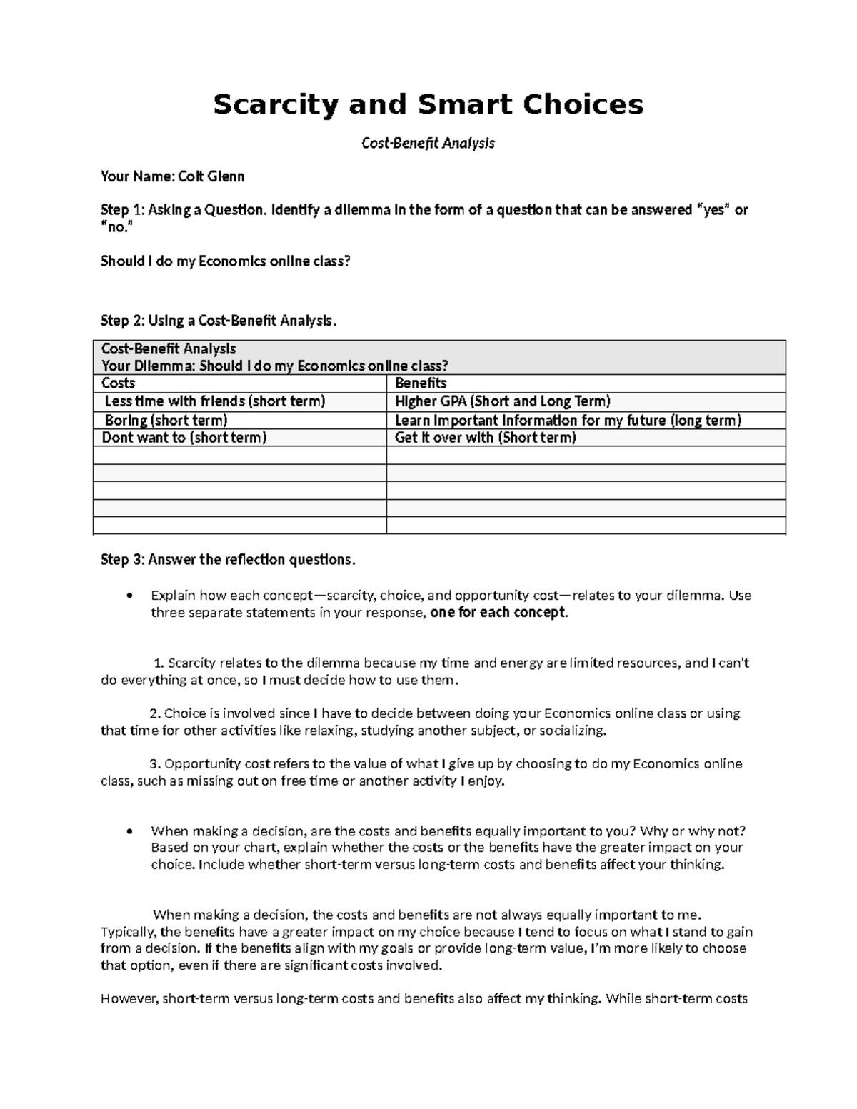Scarcity and smart choices template - Scarcity and Smart Choices Cost ...