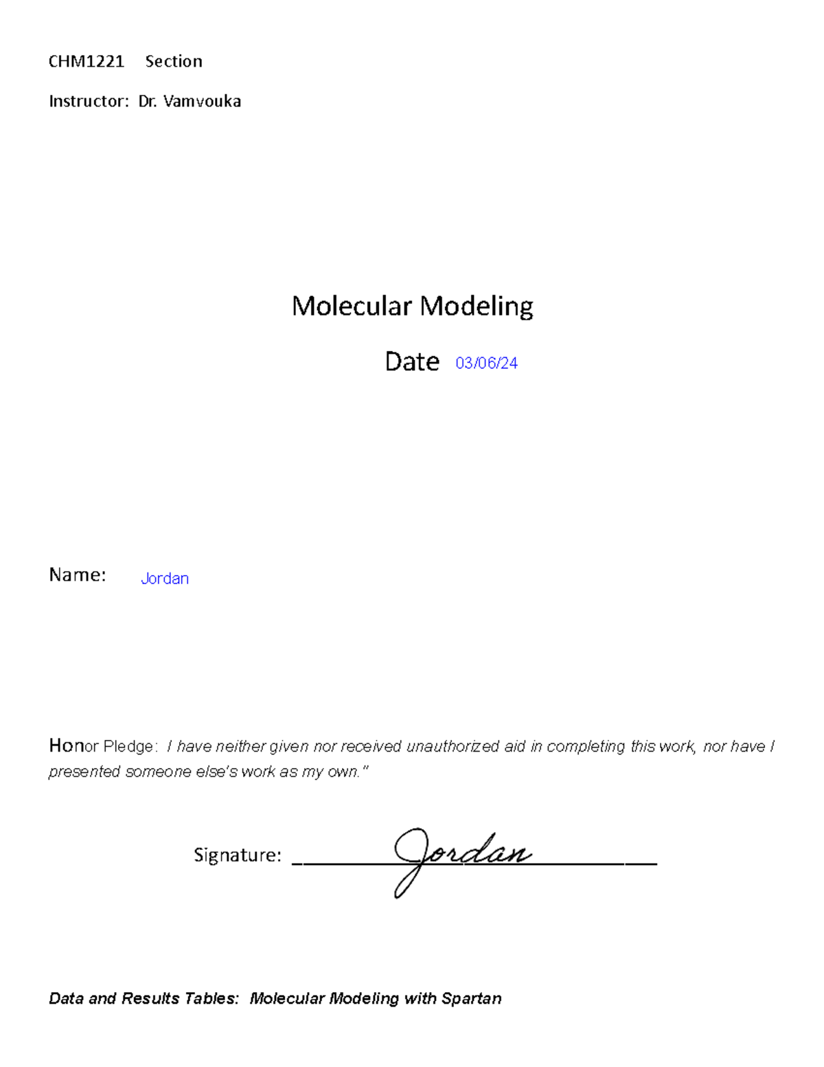 Molecular Modeling Lab Report Template-Cover page-Questions to Answer-Tables.docx - CHM1221 ...