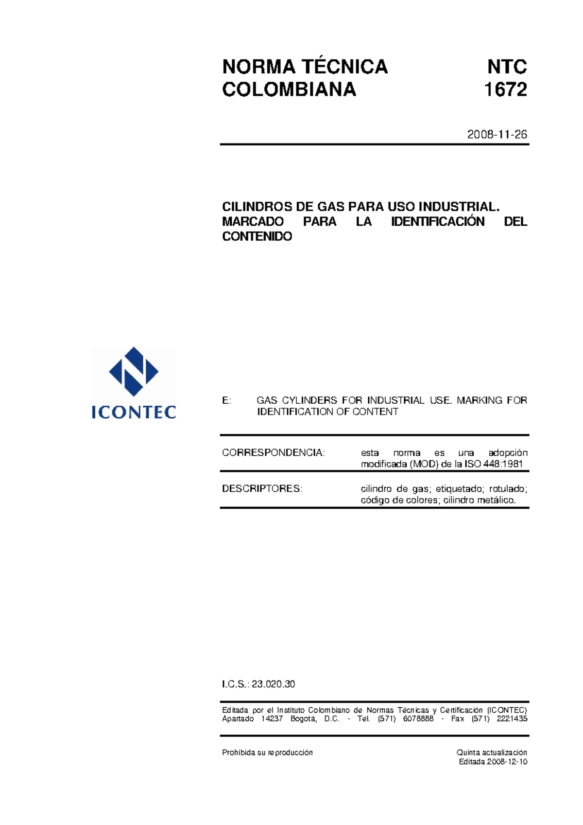 NTC 1672 - Norma - NORMA TÉCNICA NTC COLOMBIANA 1672 2008-11- CILINDROS ...