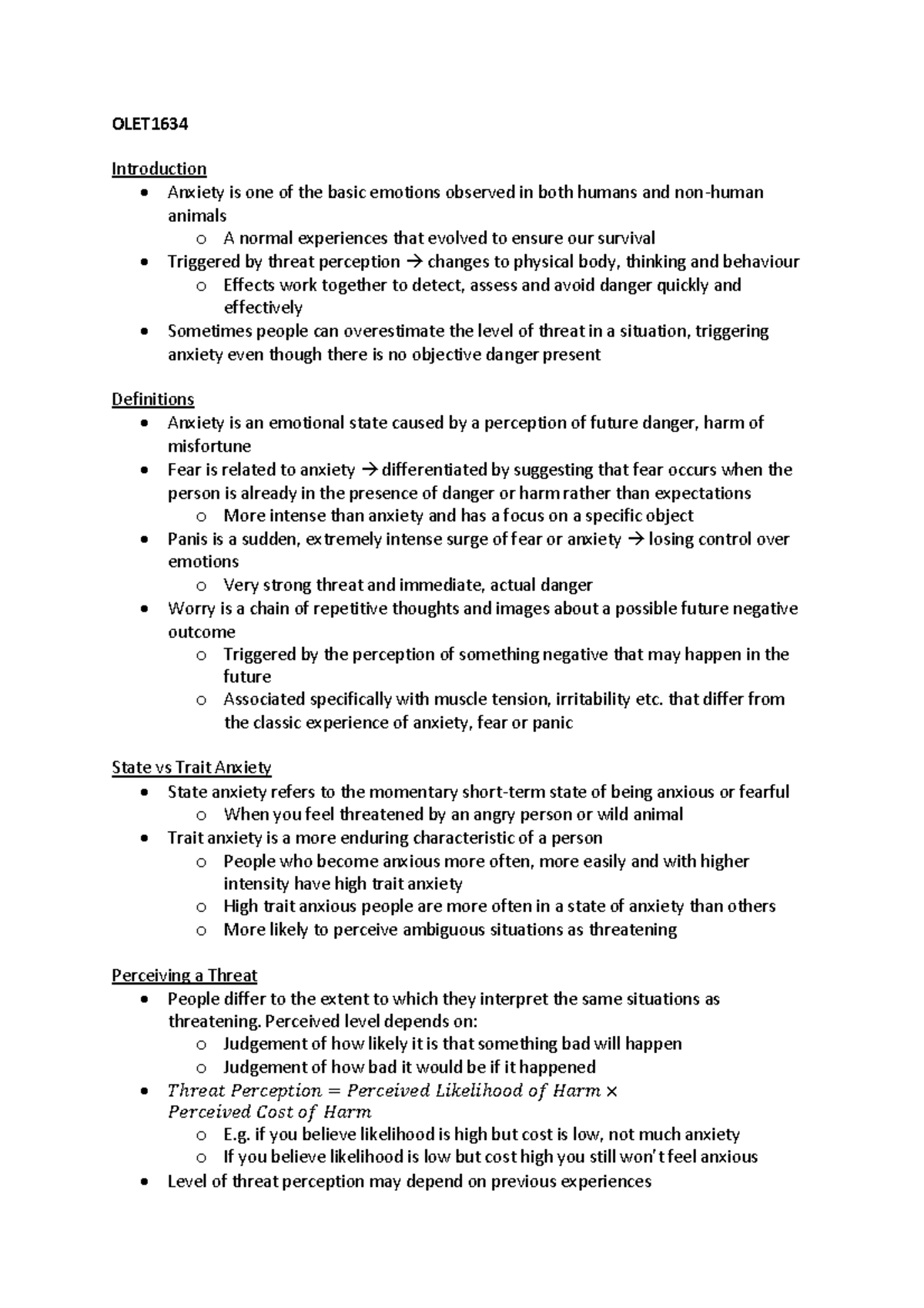 OLET1634 Full Notes - OLET Introduction - Anxiety is one of the basic ...