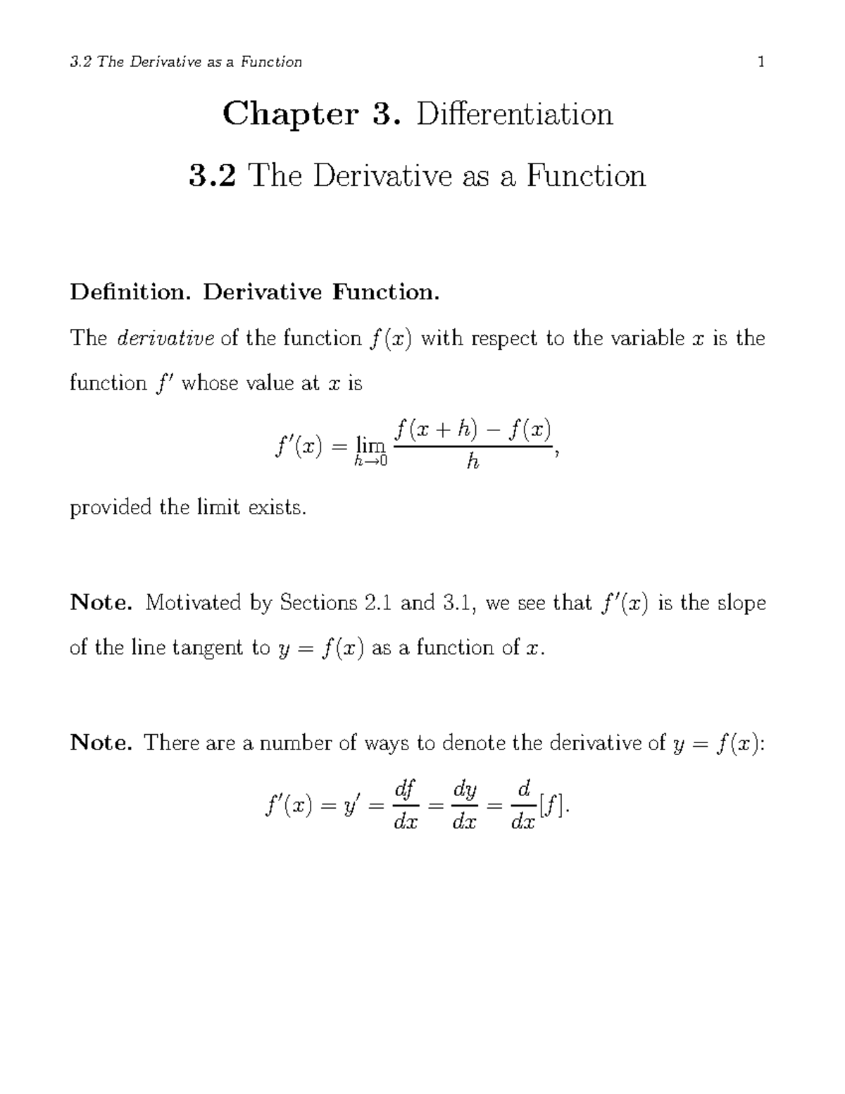 Section 3.2-The Derivative as a Function - Chapter 3. Differentiation 3 ...