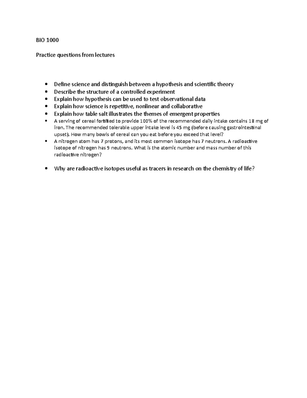 Bio 1000 practice questions - BIO 1000 Practice questions from lectures ...