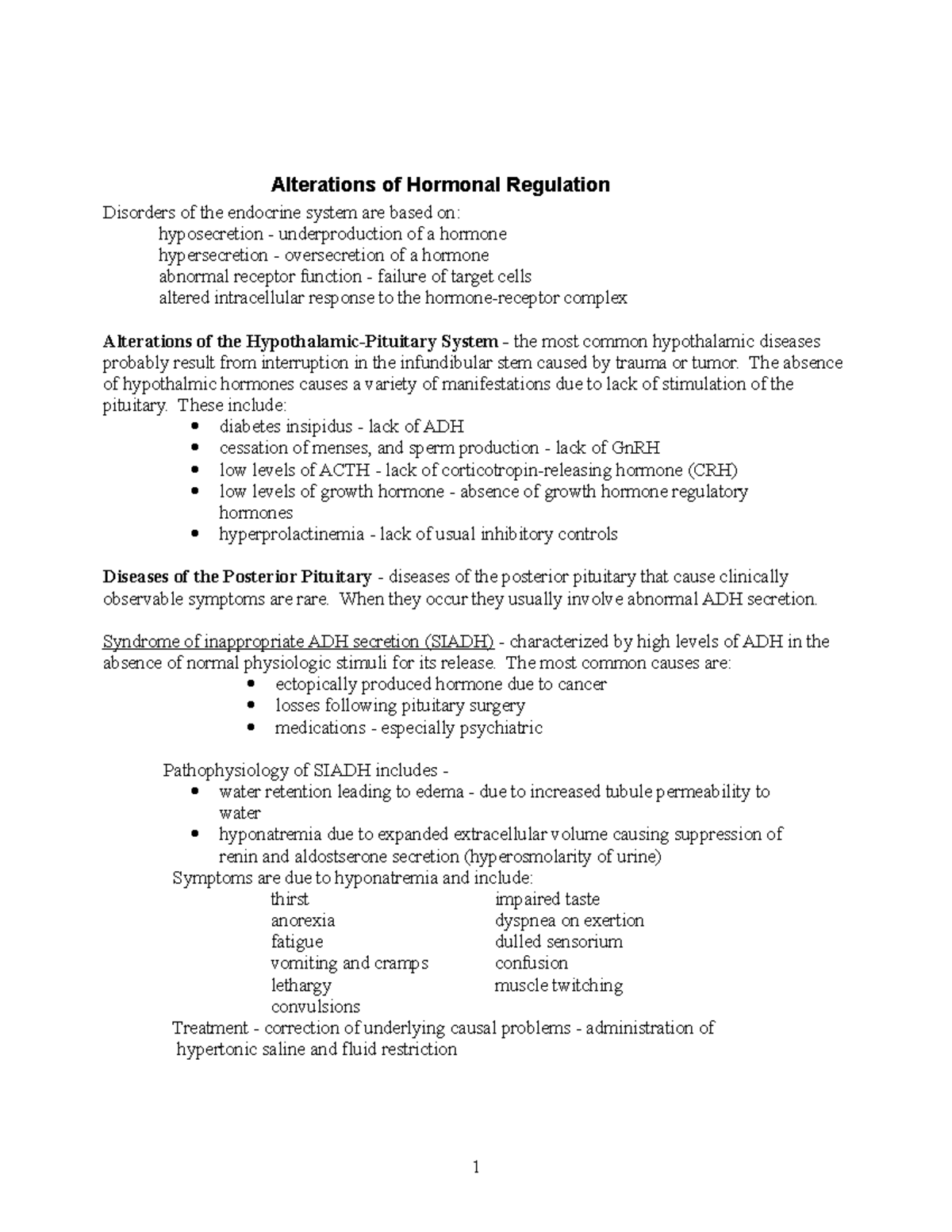 Chapter 21 notes - Alterations of Hormonal Regulation Disorders of the ...
