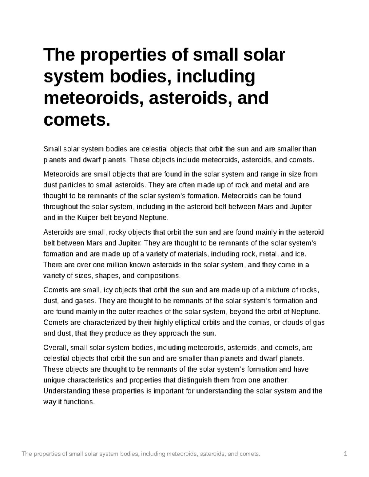 The properties of small solar system bodies including meteoroids ...