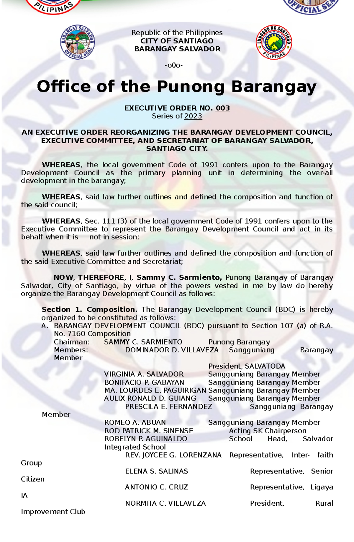 Executive Order No. 003 s. 2023 Reorganizing THE Barangay Development ...