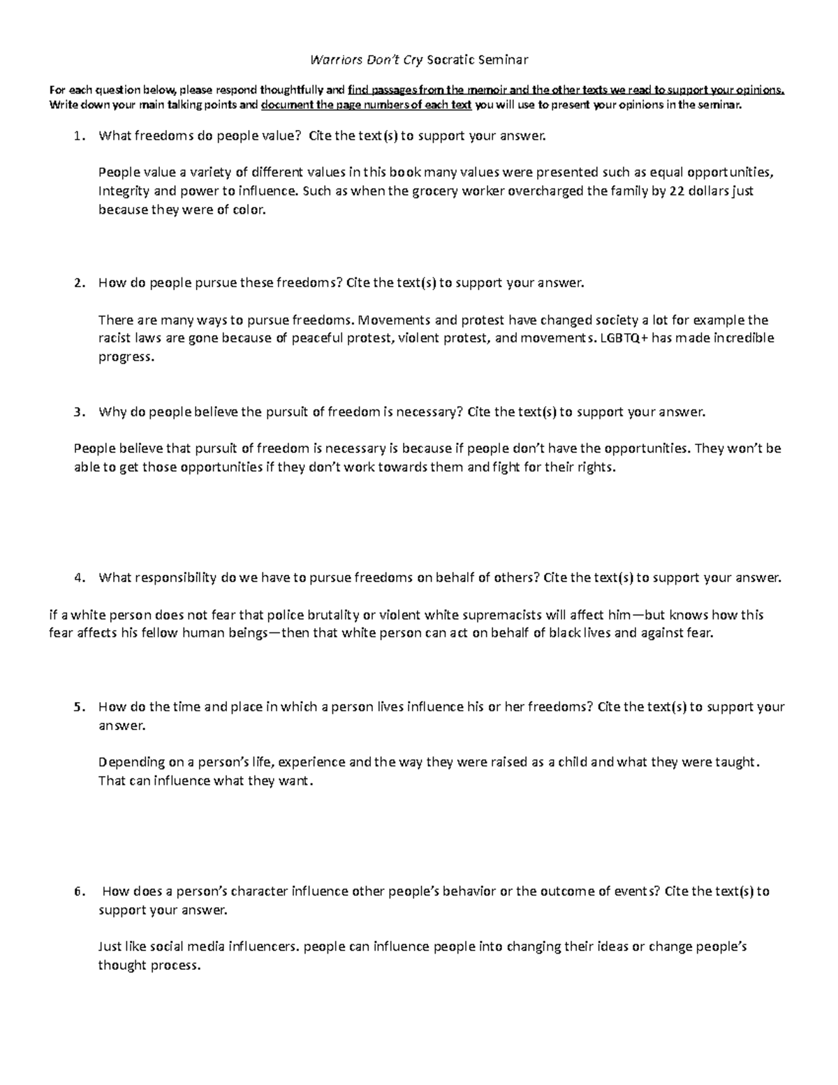 Socratic Seminar Questions Turned IN - Warriors Don’t Cry Socratic ...