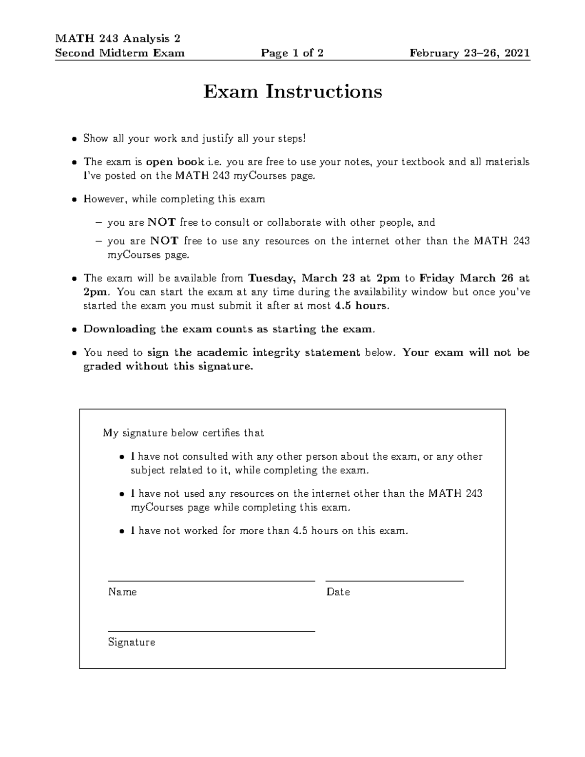 243w21midterm 2 - past midterm - MATH 243 Analysis 2 Second Midterm ...