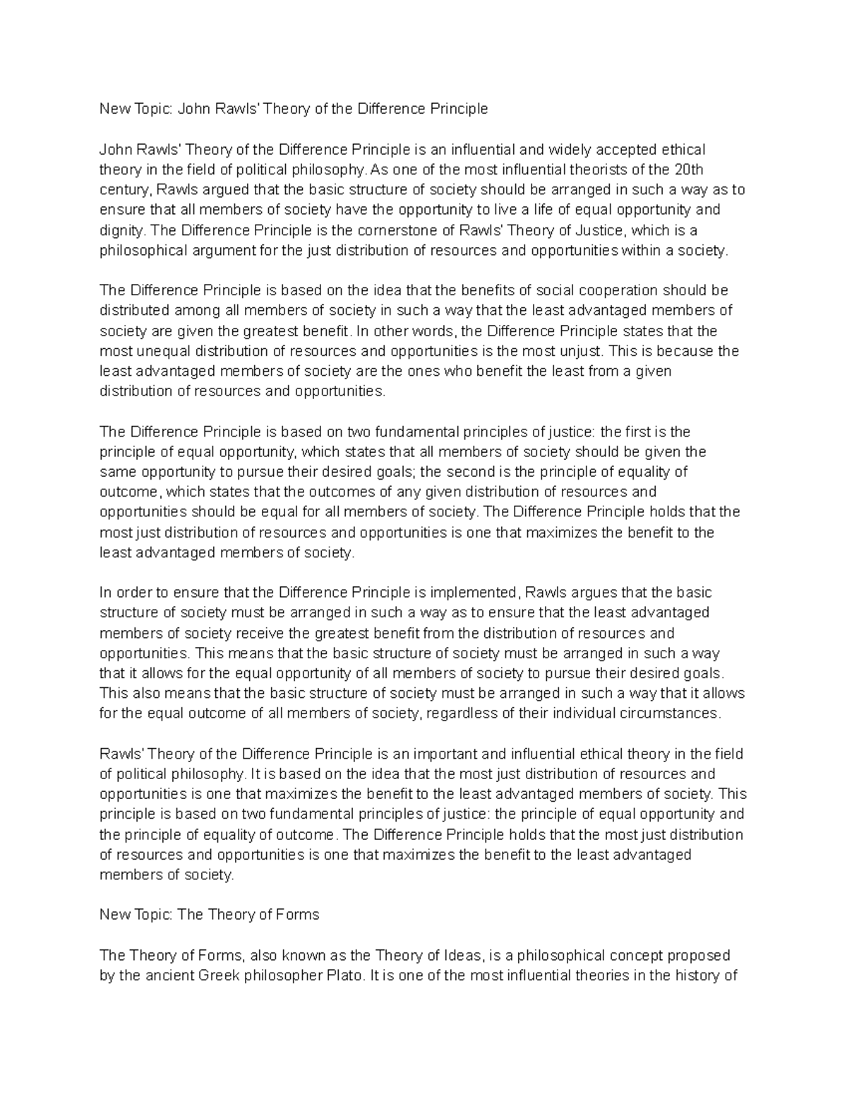 Philosophy Lecture Notes - New Topic: John Rawls’ Theory of the ...