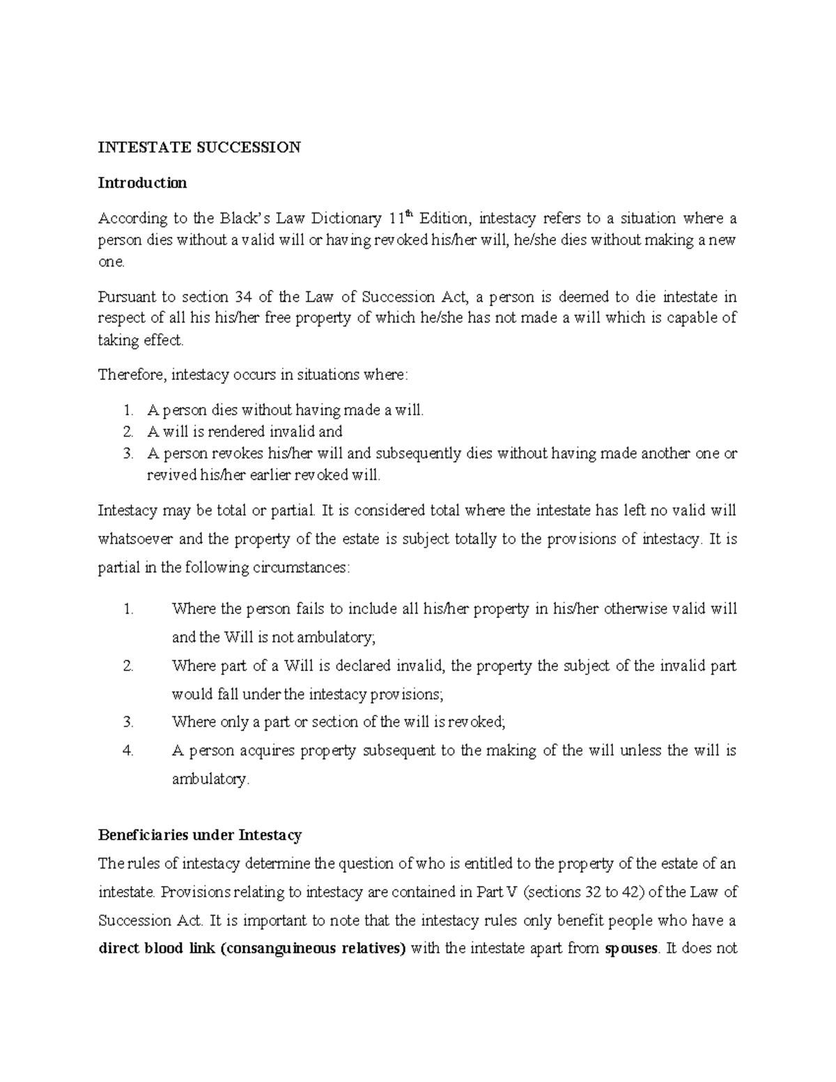 Intestate Succession - INTESTATE SUCCESSION Introduction According to ...