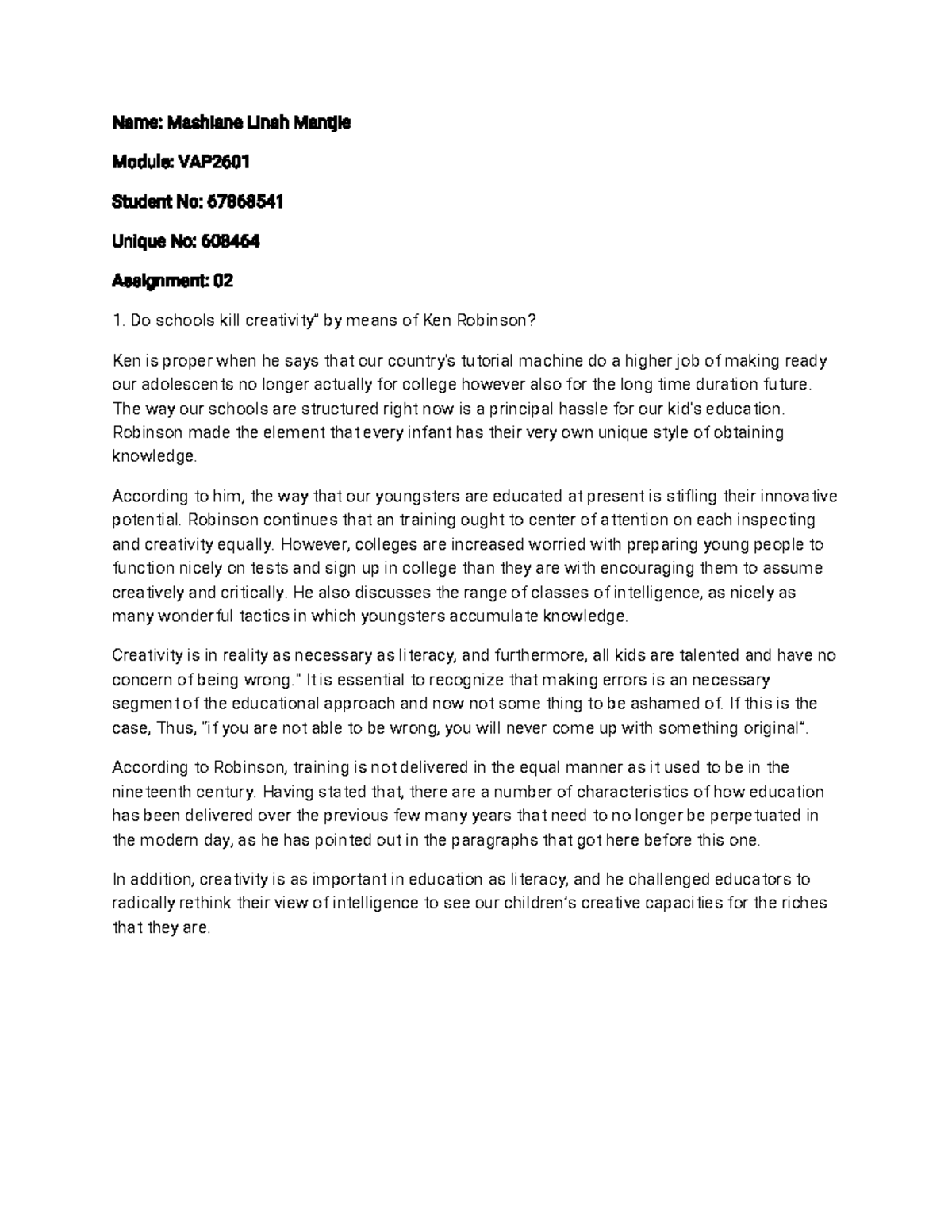 Assignment 2 VAP - Study - Name: Mashiane Linah Mantjie Module: VAP ...