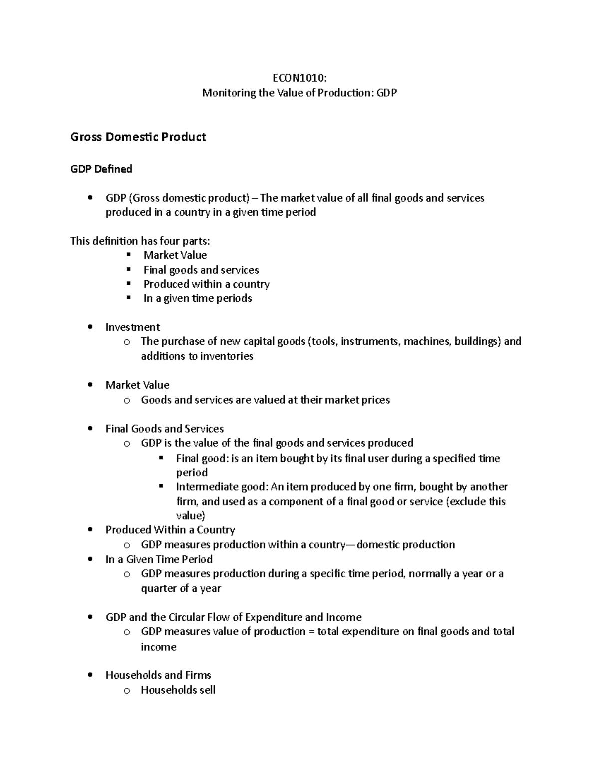 Chapter 4 GDP - Lecture notes 4 - ECON1010: Monitoring the Value of ...