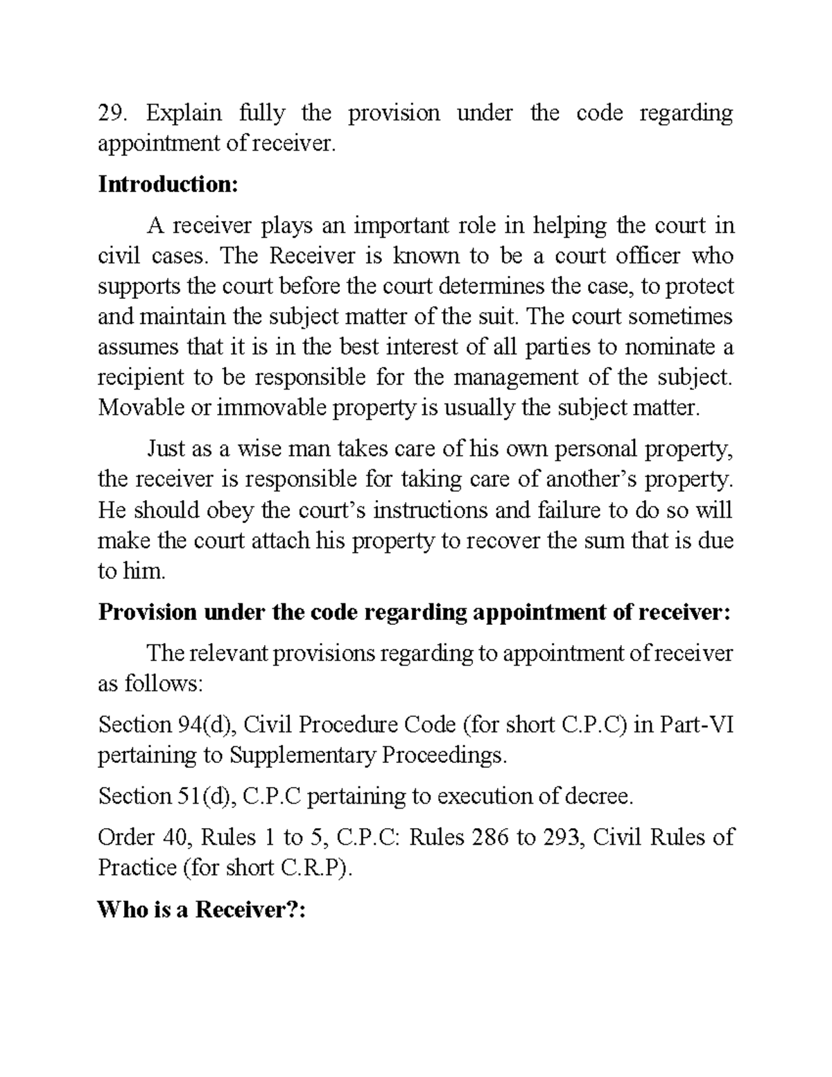 29.Court Receiver - Explain fully the provision under the code ...