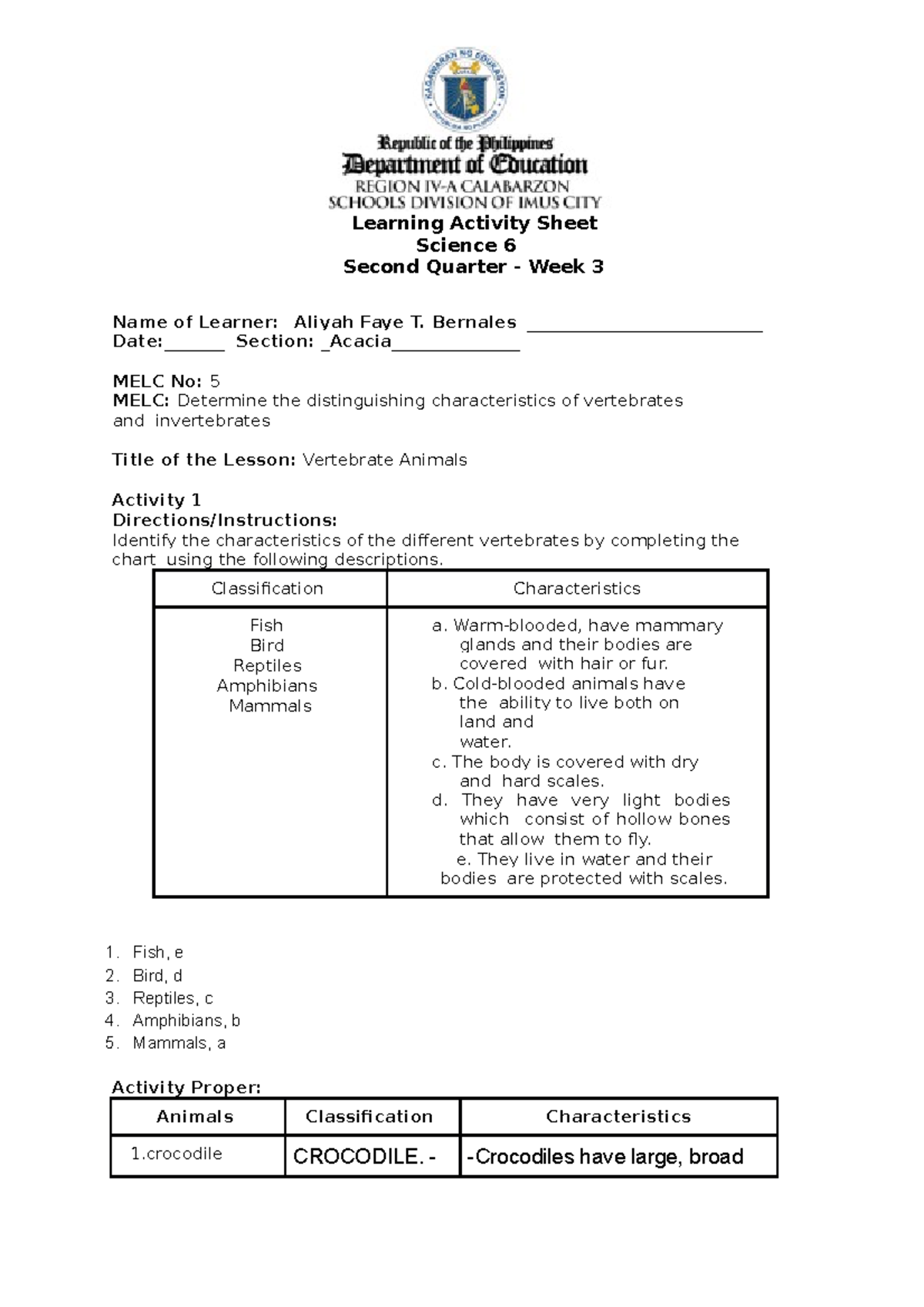 SCIENCE GROUP6 Q2 W3 LAS - Learning Activity Sheet Science 6 Second ...