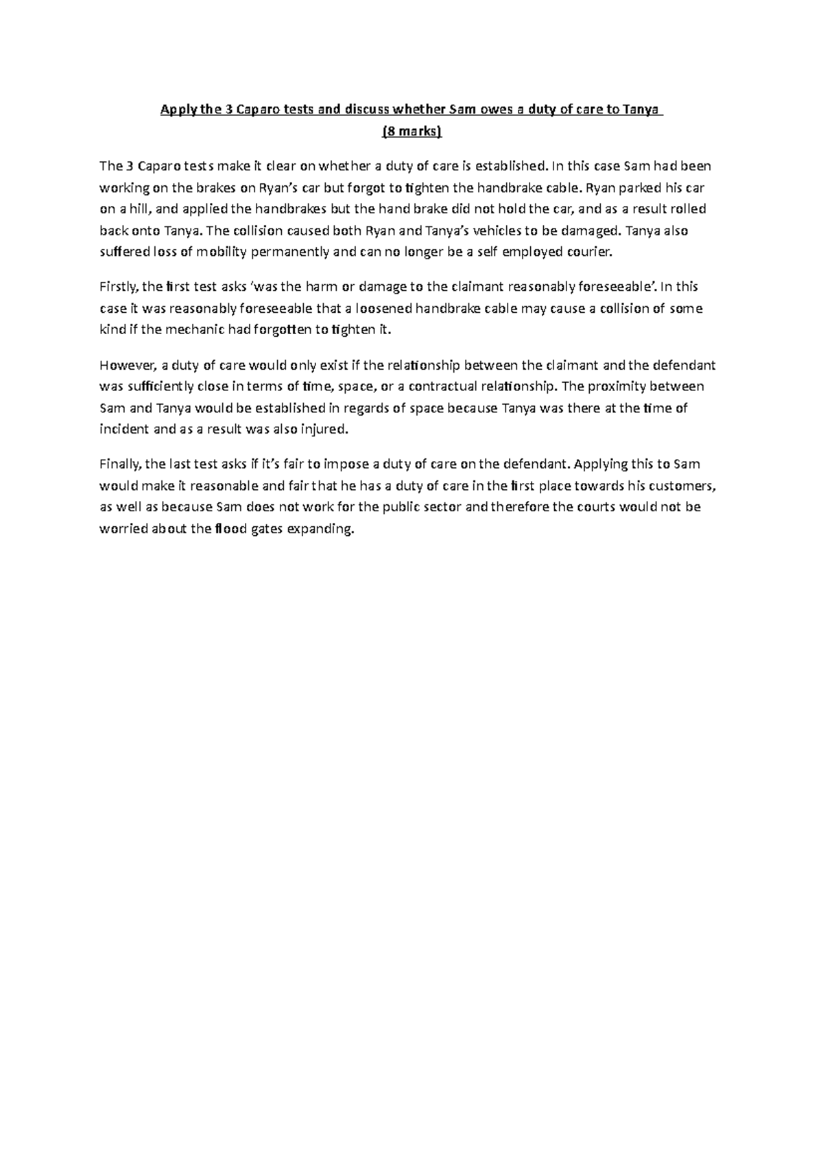 Duty of Care Sam and Tanya essay - Apply the 3 Caparo tests and discuss ...