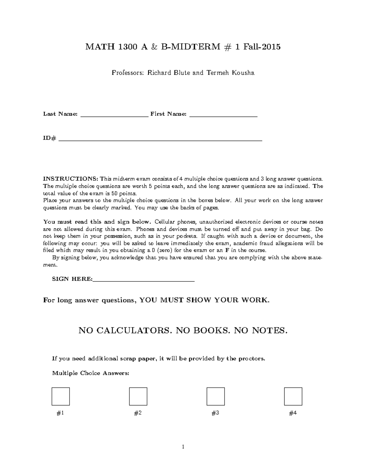 Midterm exam 2015 - MATH 1300 A &B-MIDTERM # 1 Fall- Professors ...