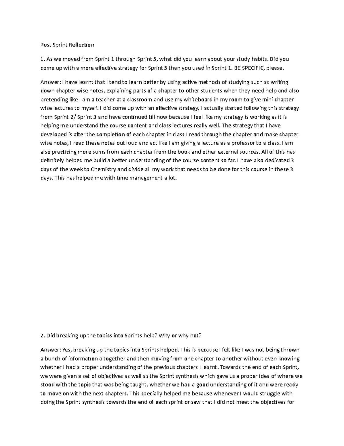 Sprint 5 reflection - Post Sprint Reflection As we moved from Sprint 1 through Sprint 5, what ...