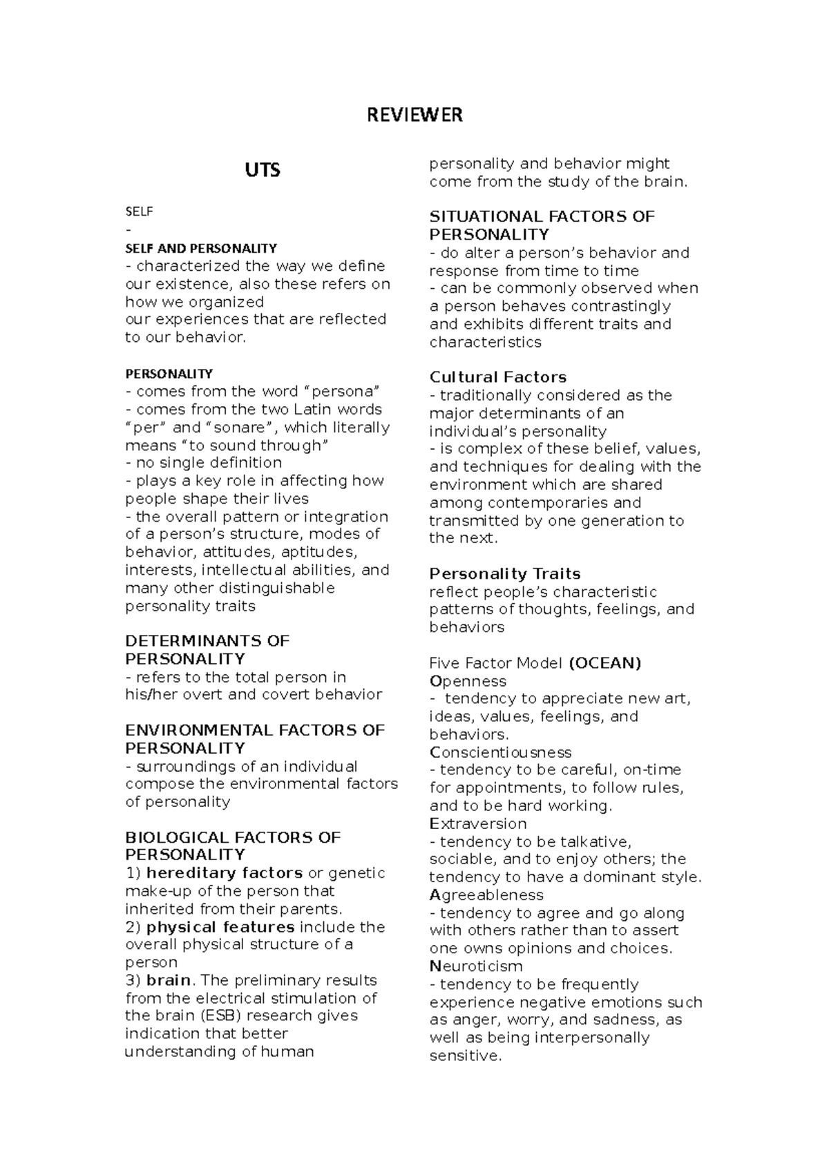 Reviewer - REVIWER - REVIEWER UTS SELF - SELF AND PERSONALITY ...