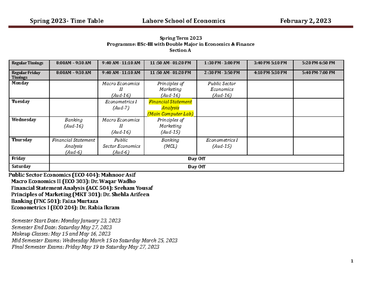 Time Table BBA BSc-BS-III Spring Term 2023 (4) - Spring Term 2023 Programme: BSc-III with Double ...