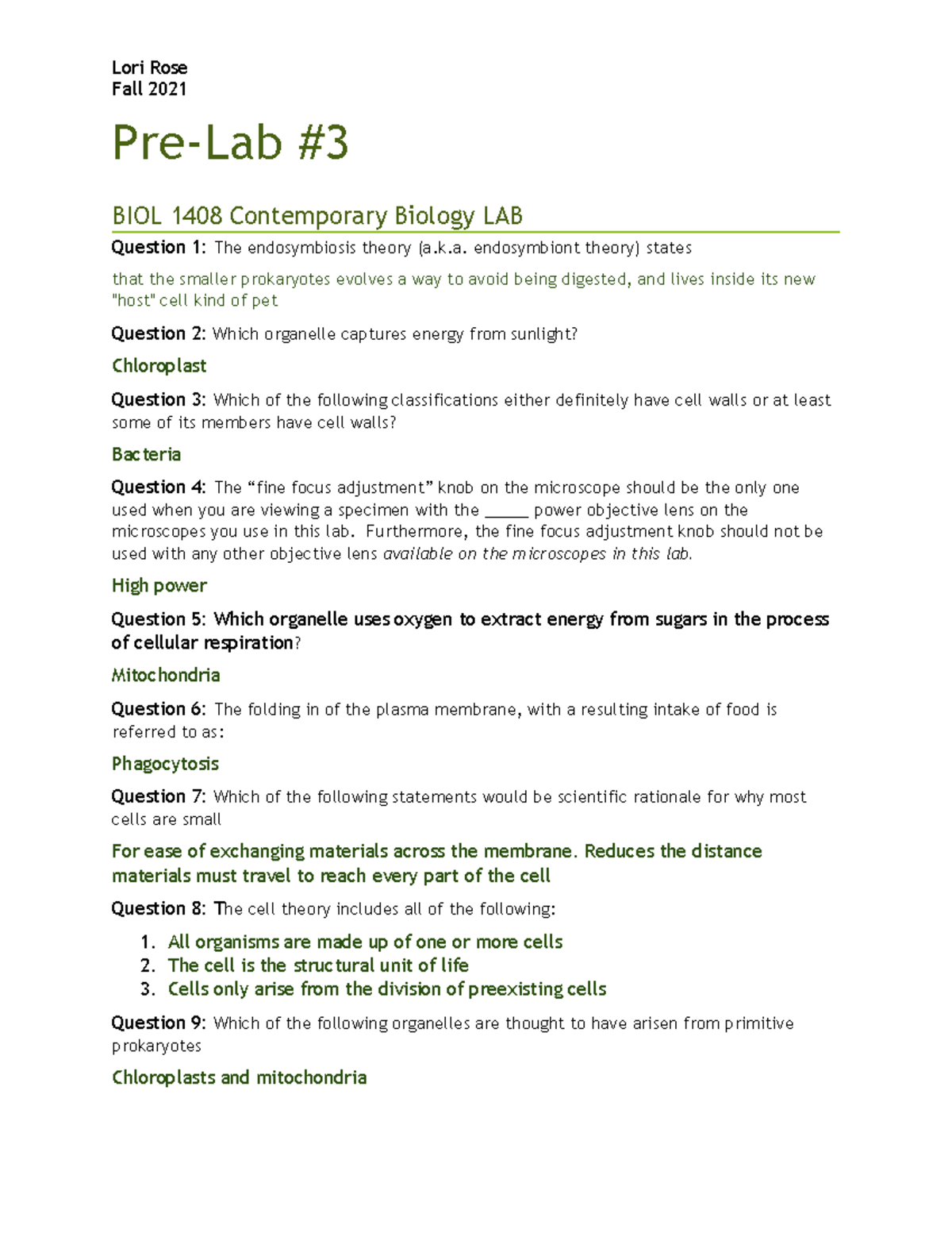 Pre-lab #3 - Examining Eukaryotic Cells - Lori Rose Fall 2021 BIOL 1408 ...