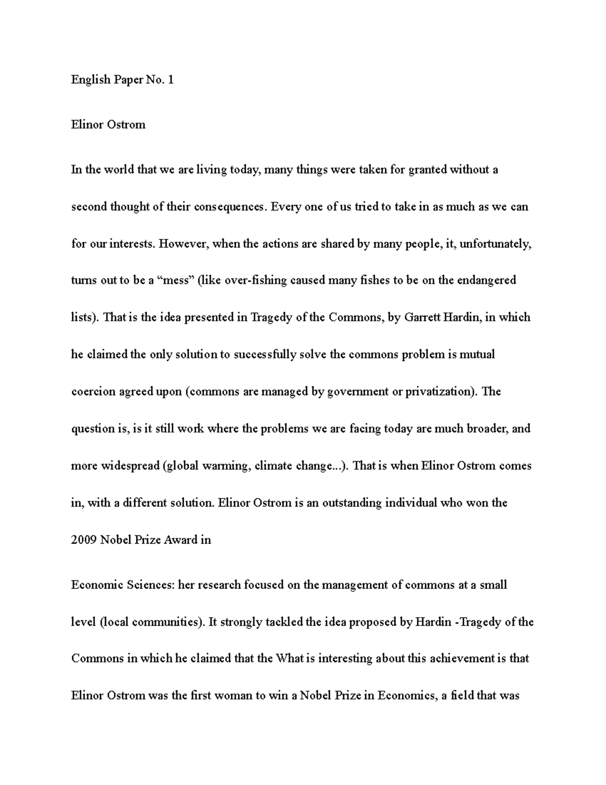 English Paper No 1 - 1 Elinor Ostrom In the world that we are living ...