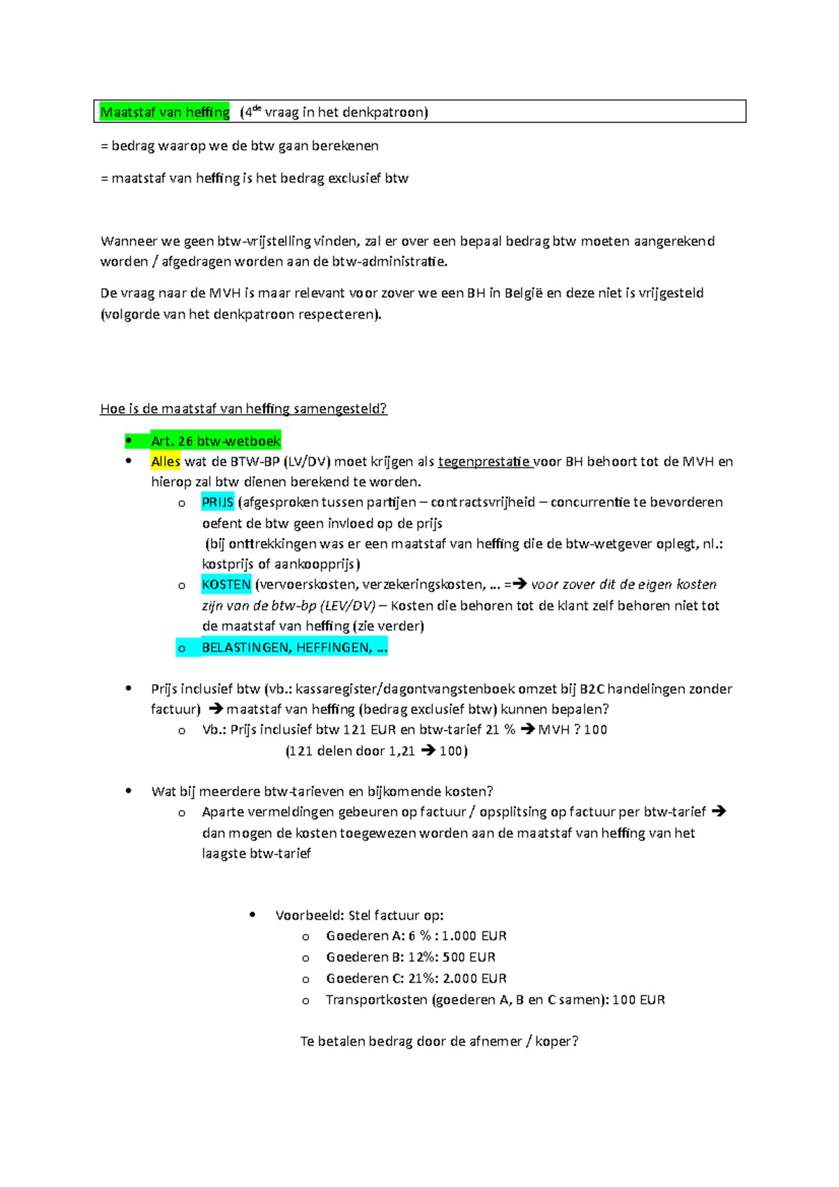 Maatstaf van heffing-overzicht les - Maatstaf van heffing (4de vraag in ...