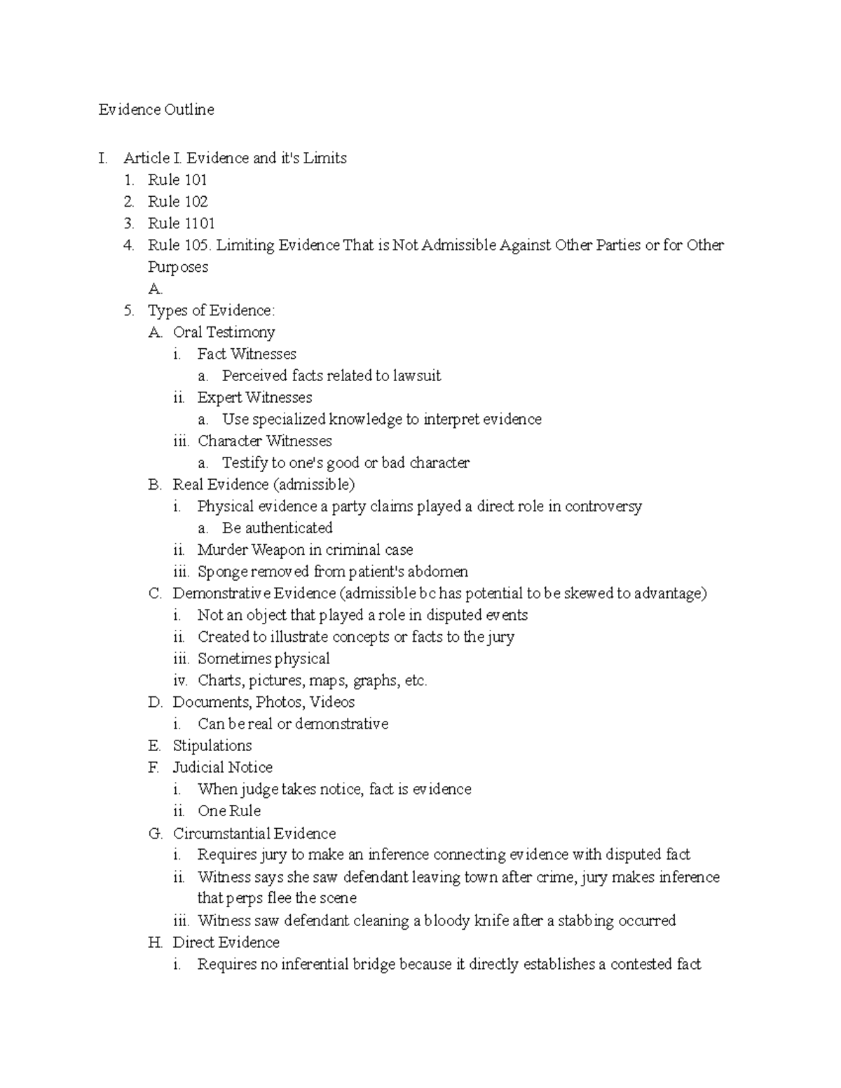 Evidence Outline - Professor Percy - Evidence Outline I. Article I ...
