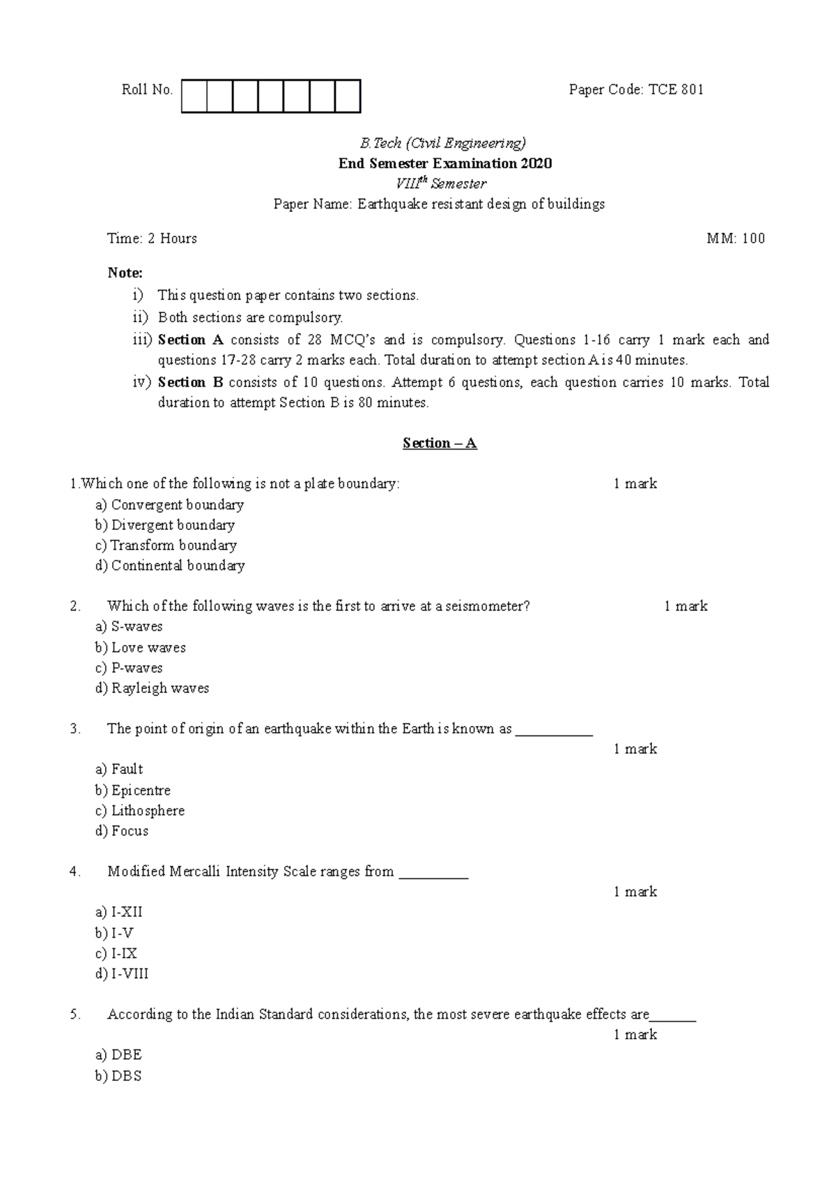End Semester exam question paper - Roll No. Paper Code: TCE 801 B ...