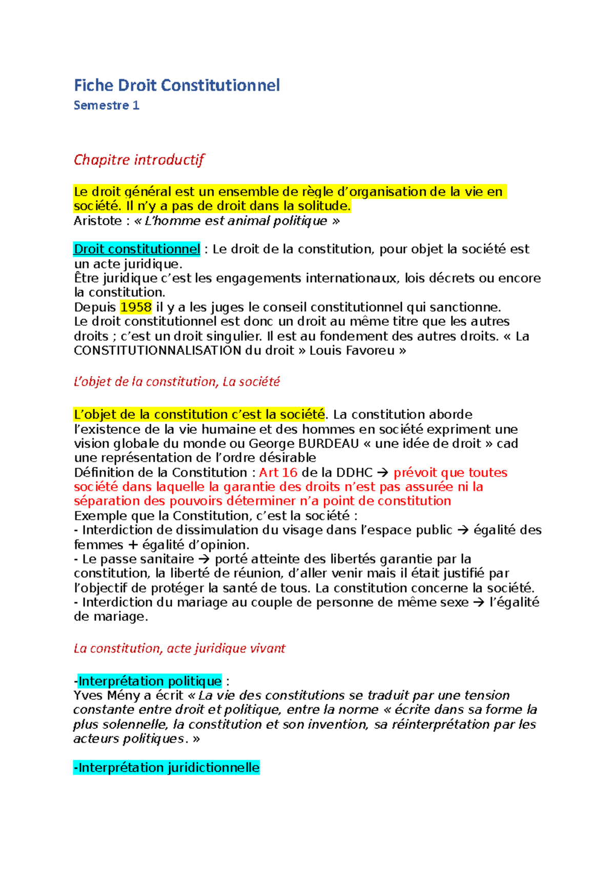 Fiche Droit Constitutionnel - Fiche Droit Constitutionnel Semestre 1 Chapitre introductif Le ...