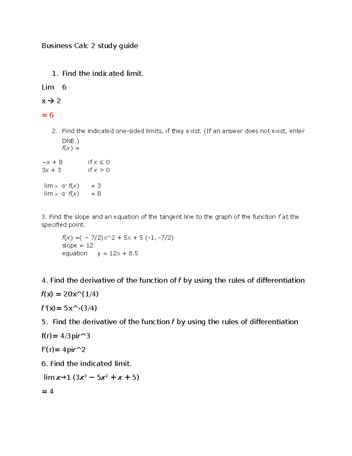 Business Calc 2 study guide - Business Calc 2 study guide 1. Find the ...