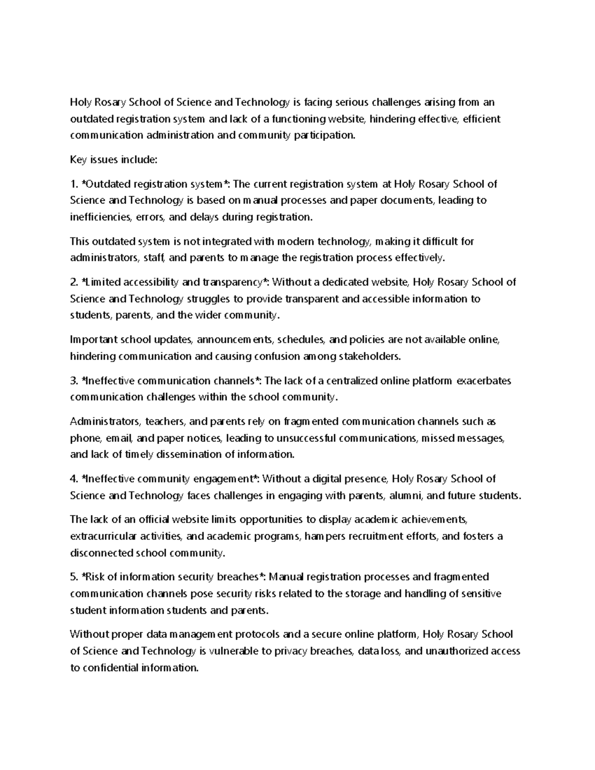 Statement of the Problem - Holy Rosary School of Science and Technology ...