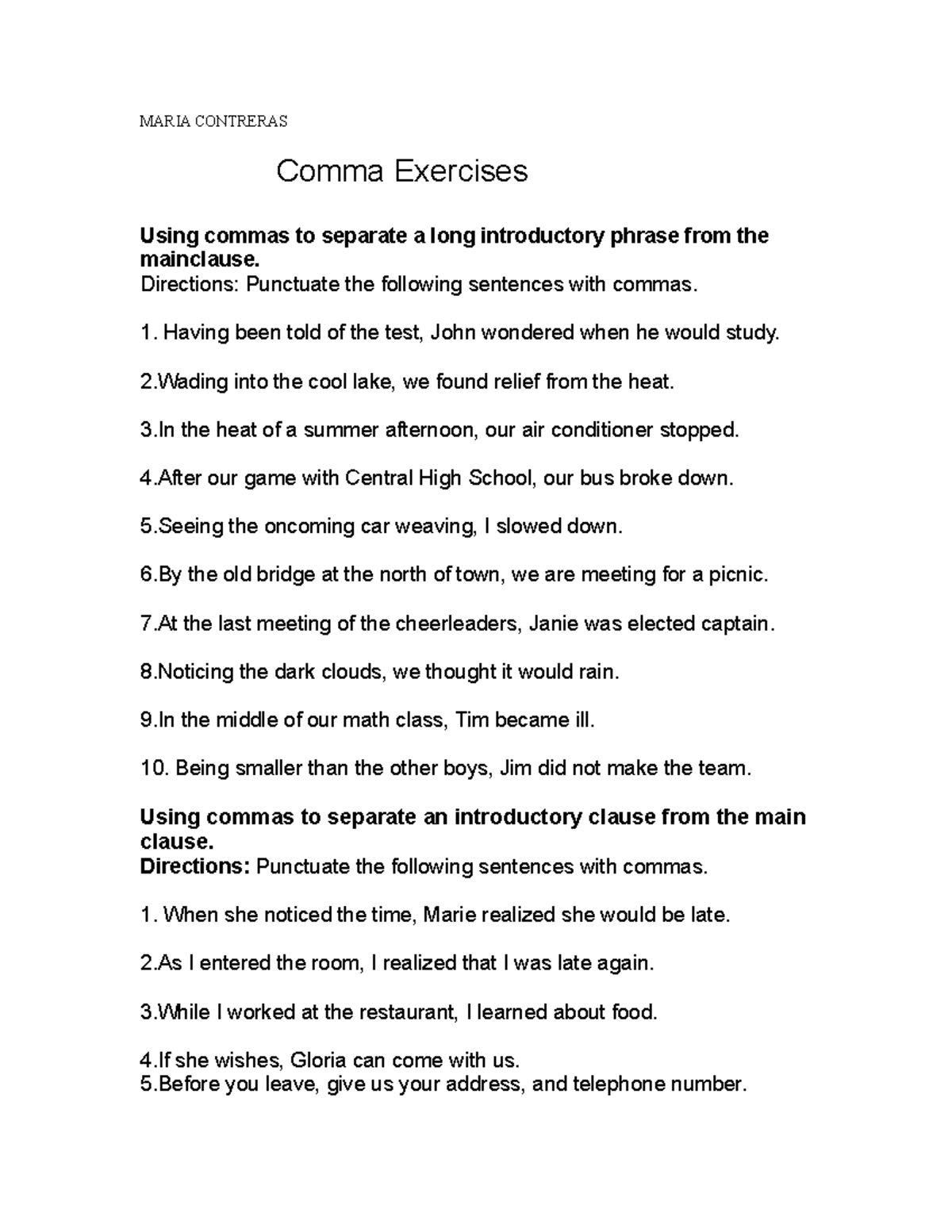 Comma Exercises - Maria Contreras - MARIA CONTRERAS Comma Exercises ...