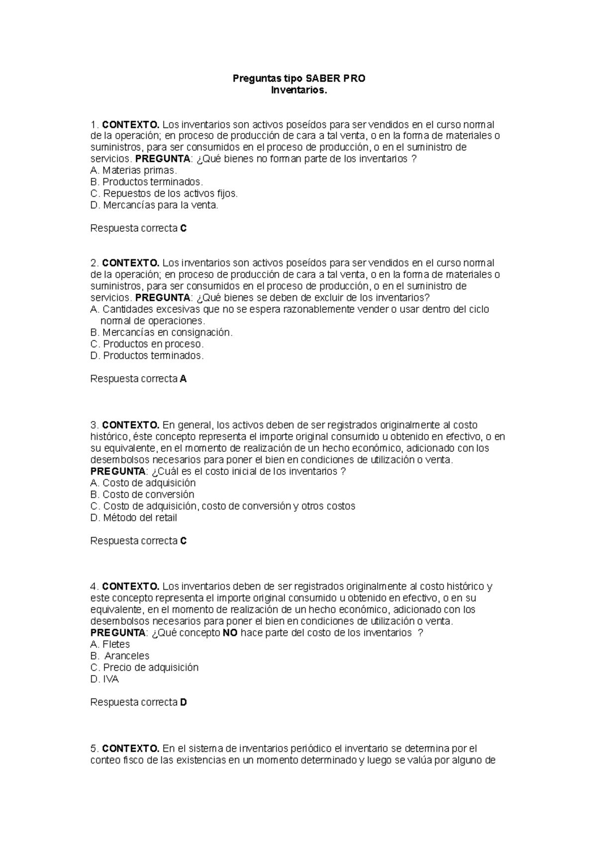 Unidad 1-Inventarios-Saber Pro - Preguntas tipo SABER PRO Inventarios. CONTEXTO. Los inventarios ...