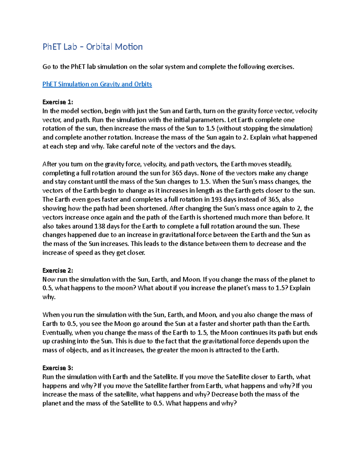 Ph Et Lab Orbital Motion - PhET Lab – Orbital Mo 1 on Go to the PhET ...