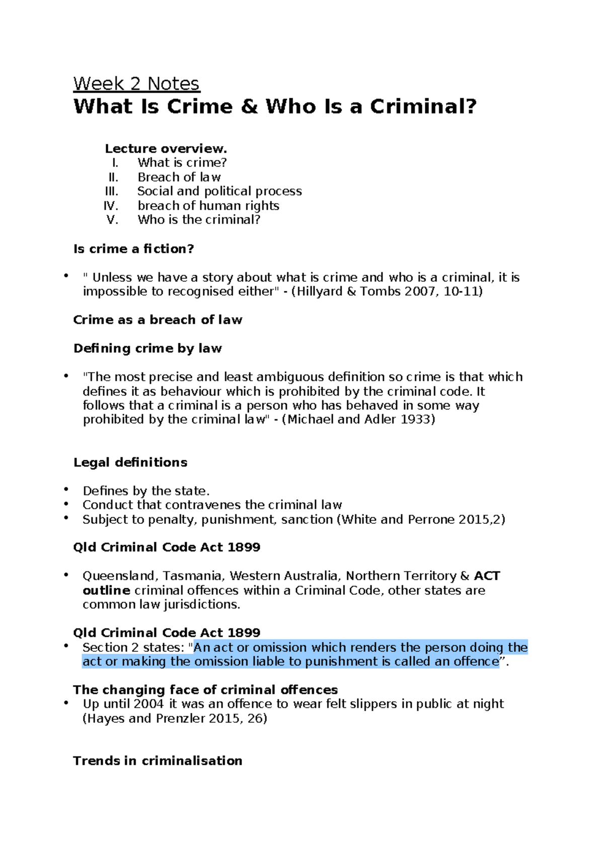Week 2 Notes - Week 2 Notes What Is Crime & Who Is a Criminal? Lecture ...