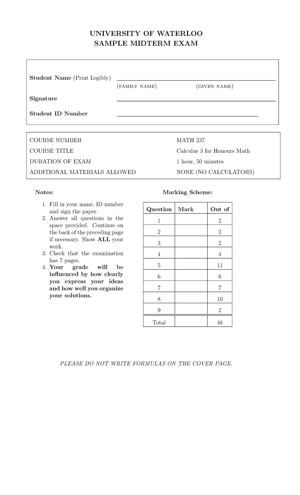 Sample Midterm 1 MATH 237 - UNIVERSITY OF WATERLOO SAMPLE MIDTERM EXAM Student Name (Print ...