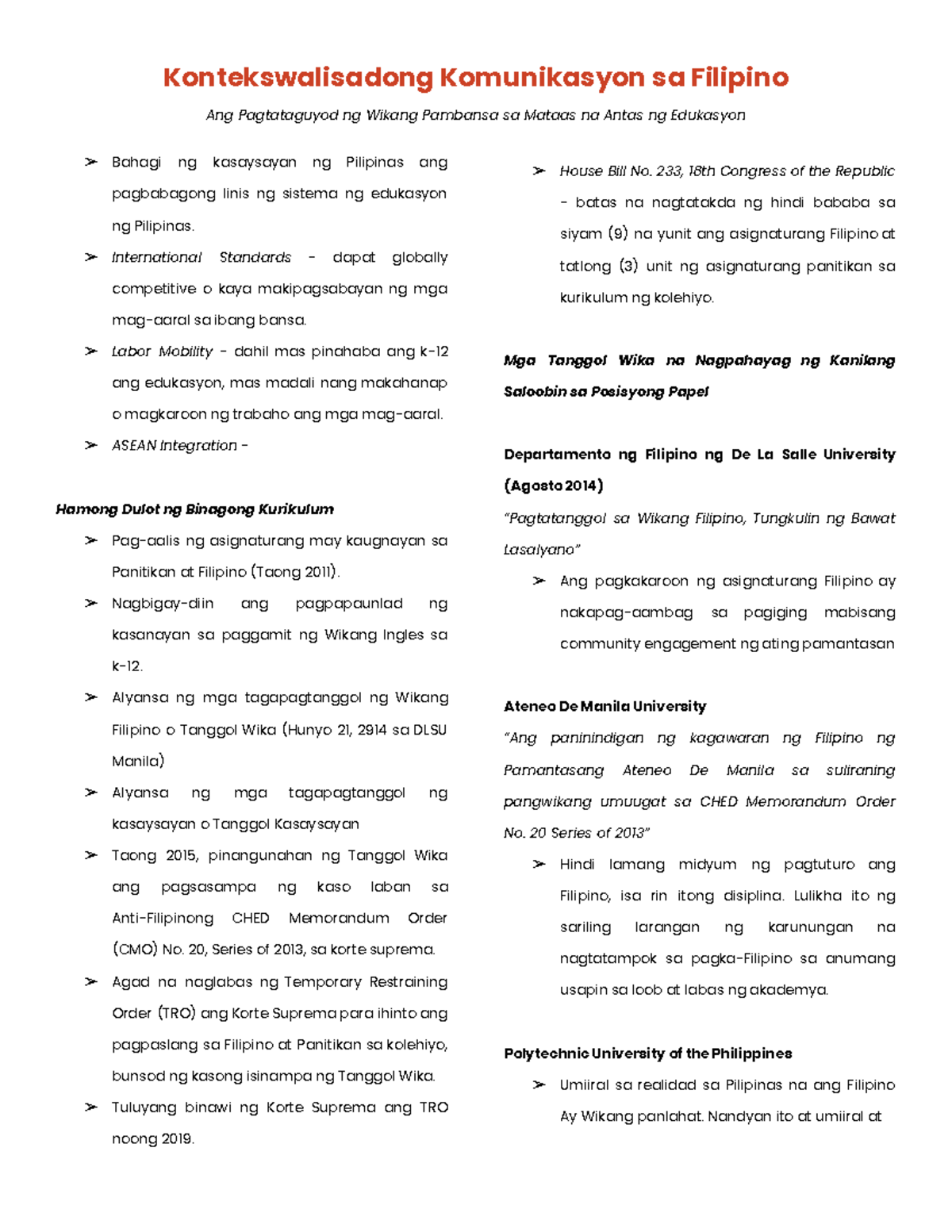 Fili Lesson 1 - notes - Kontekswalisadong Komunikasyon sa Filipino Ang ...