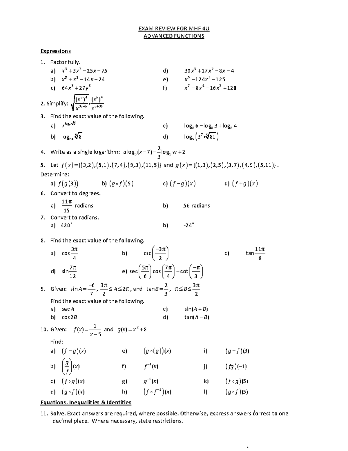 MHF 4U Exam Review I - Exam Prep - EXAM REVIEW FOR MHF 4U ADVANCED ...