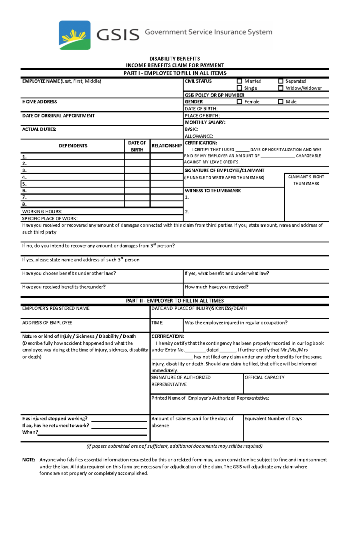 Income Benefits Claim for Payment -Income Benefits Claim for Payment ...