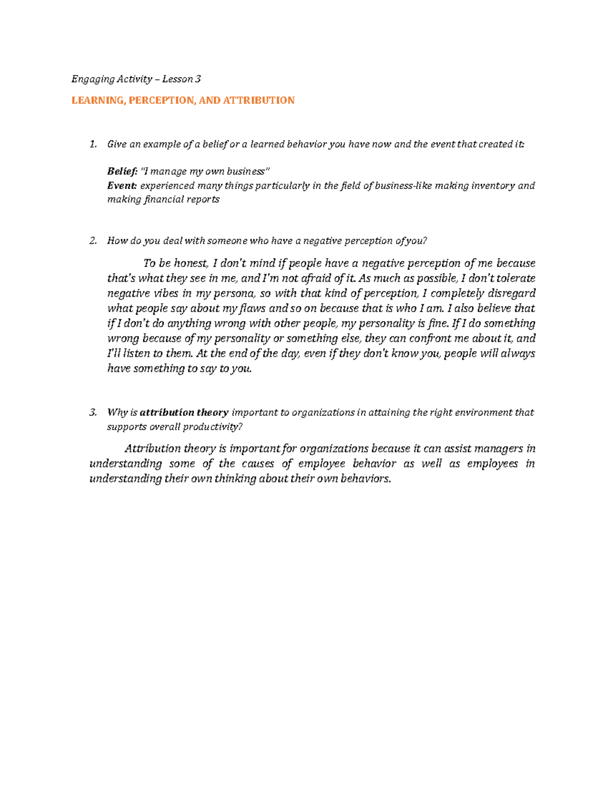 Learning, Perception, AND Attribution - Engaging Activity – Lesson 3 LEARNING, PERCEPTION, AND ...