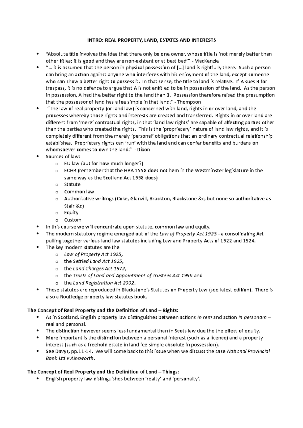 (1) Notes - intro: real property law and estates - INTRO: REAL PROPERTY ...